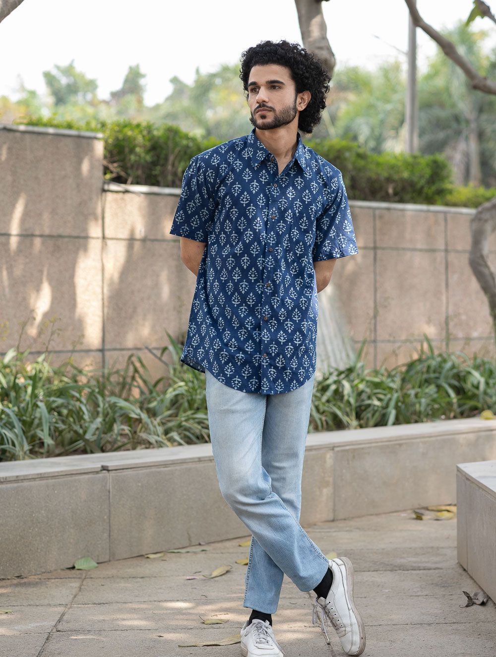 Buy Dabu Hand Block Printed Cotton Shirt - Indigo Ornate Online