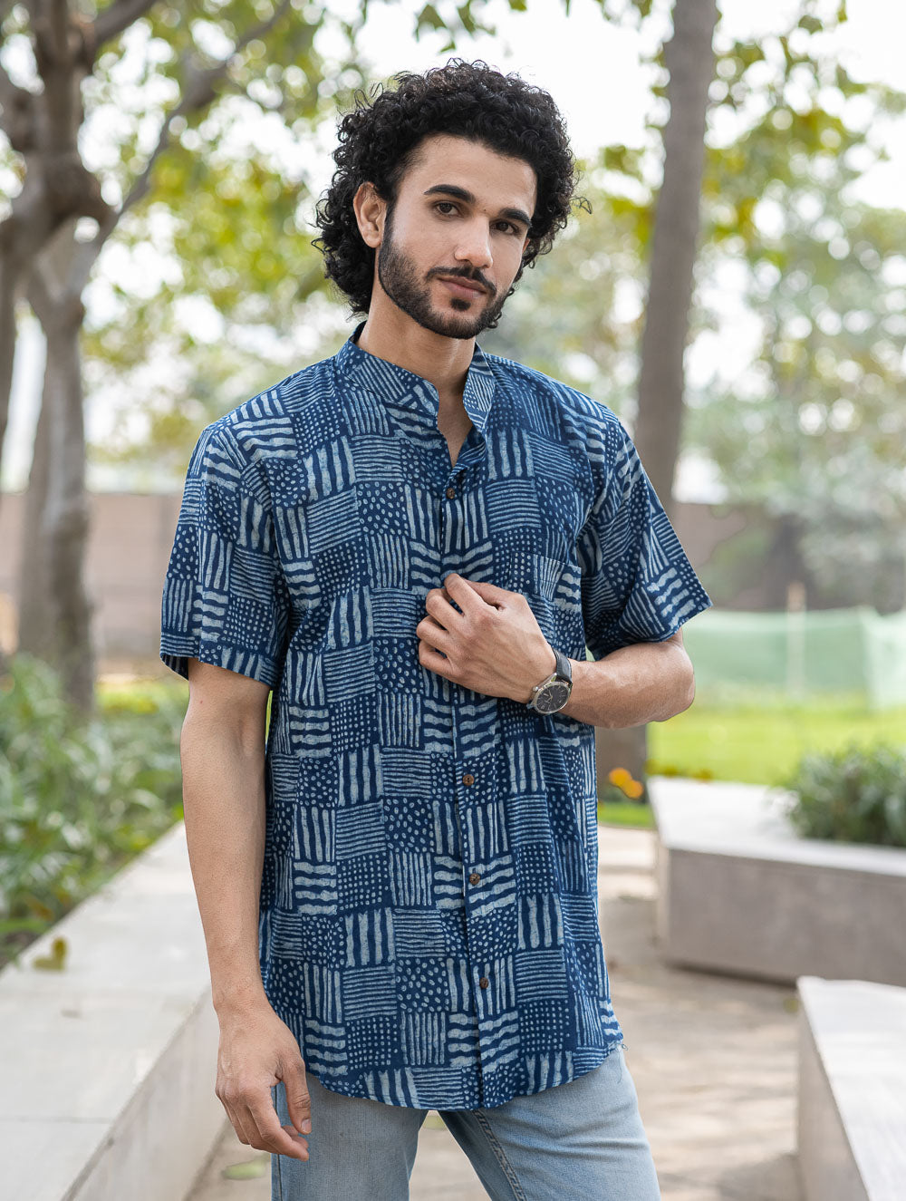 Buy Dabu Hand Block Printed Cotton Shirt - Indigo Stripes Online