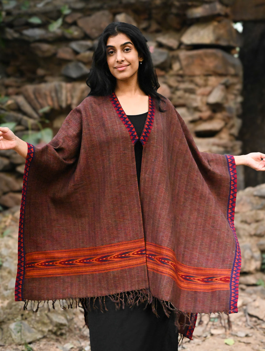 Buy Exclusive Soft Himachal Wool Poncho with Woven Border - Smoked ...