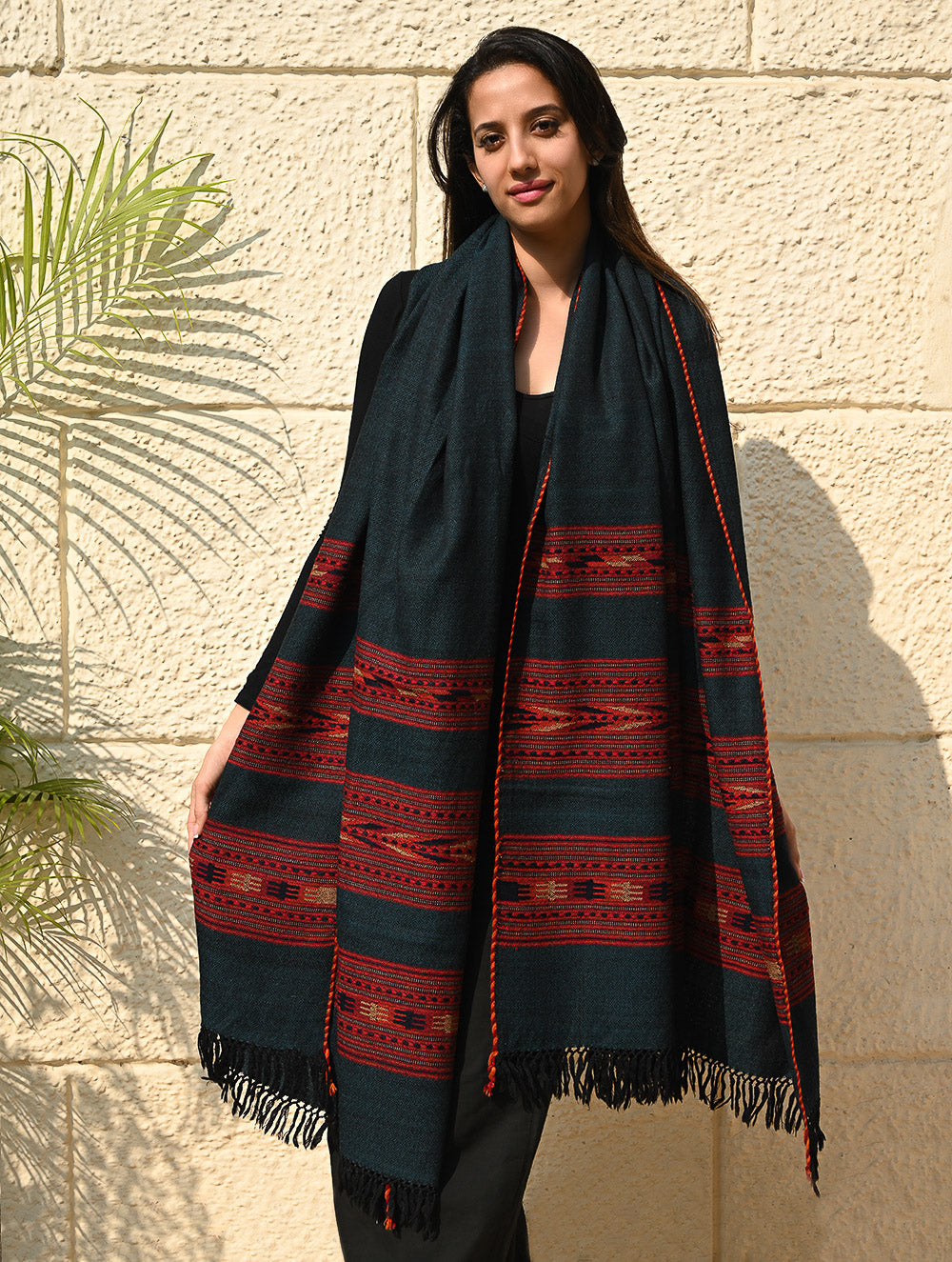 Buy Fine, Soft Himachal Self Striped Wool Shawl - 3 Panels, Deep Alpine ...