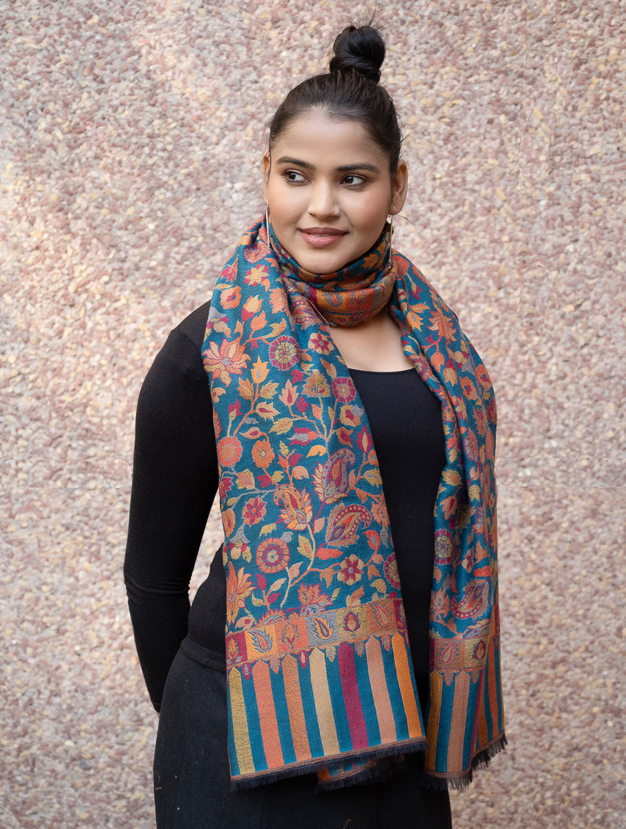 Buy Fine, Soft Kashmiri Kani Pattern Wool Stole - Blue Ornate Online