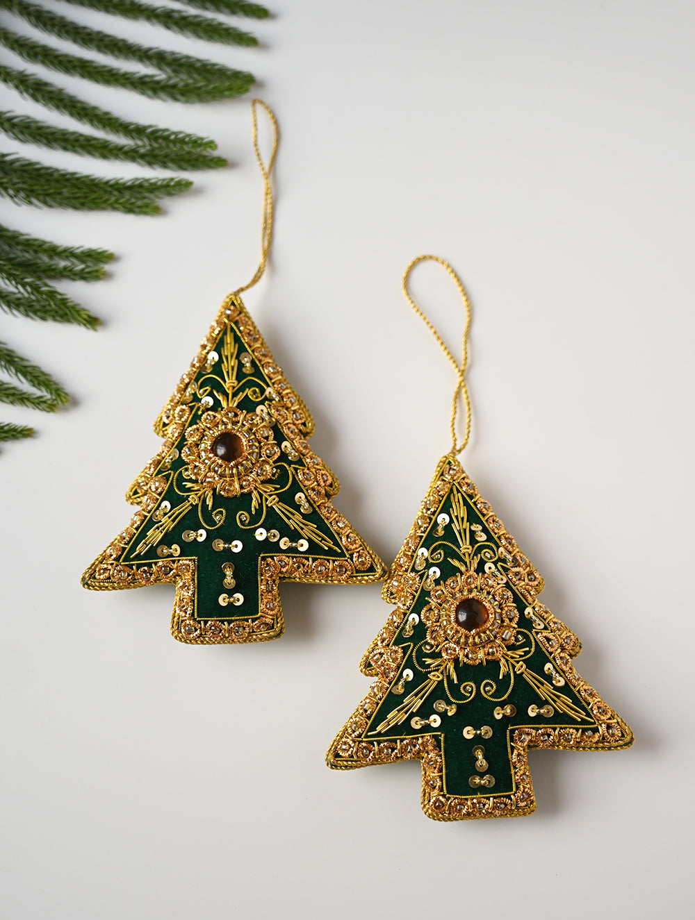 Buy Hand Embroidered Zardozi Xmas Decorations - Green & Gold Xmas Trees ...