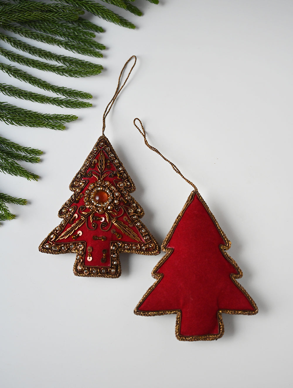 Buy Hand Embroidered Zardozi Xmas Decorations - Red Antique Xmas Trees ...