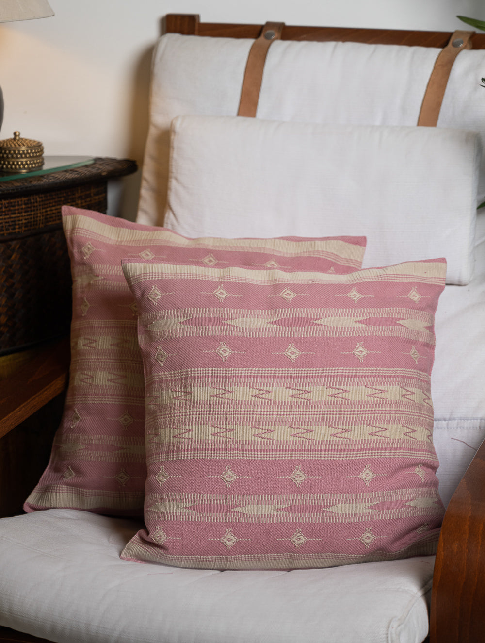 Buy Hand Woven Kashida Pattu Cushion Covers - Soft Pink Stripes (Set of ...