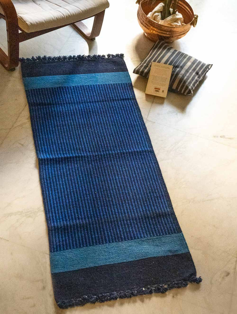 Buy Handwoven Jawaja Slim Rug - Blue Stripes (5ft x 2ft) Online