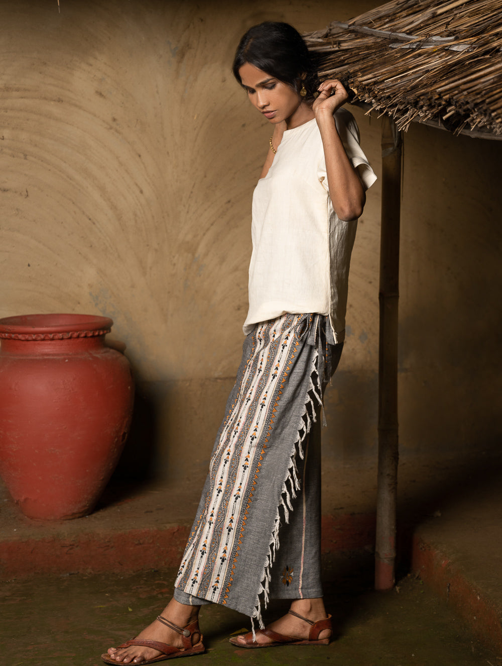 Buy Handwoven Khesh & Kantha Embroidered Cotton Wrap Skirt - Soft Grey ...