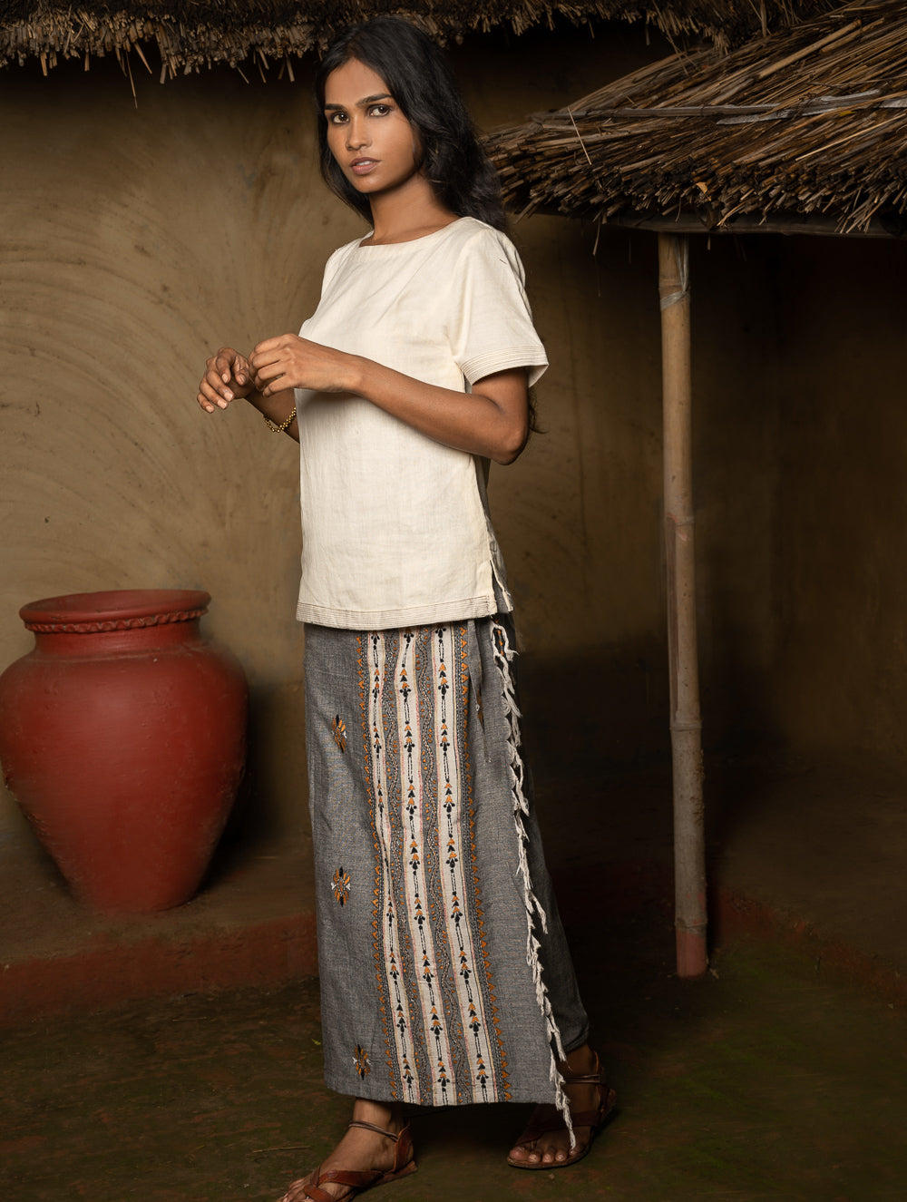 Buy Handwoven Khesh & Kantha Embroidered Cotton Wrap Skirt - Soft Grey ...