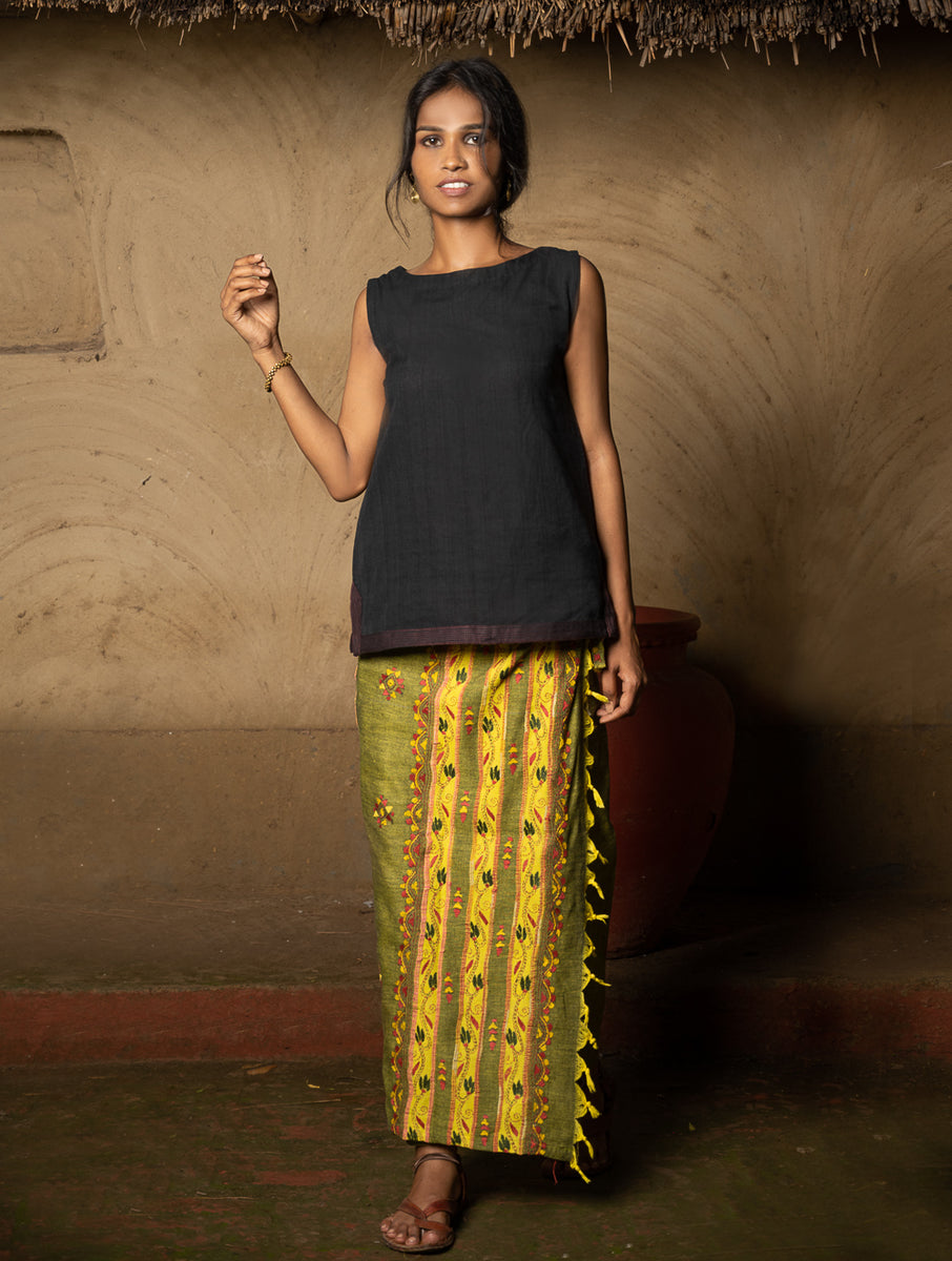 Buy Handwoven Khesh & Kantha Embroidered Cotton Wrap Skirt - Vivid Lime ...