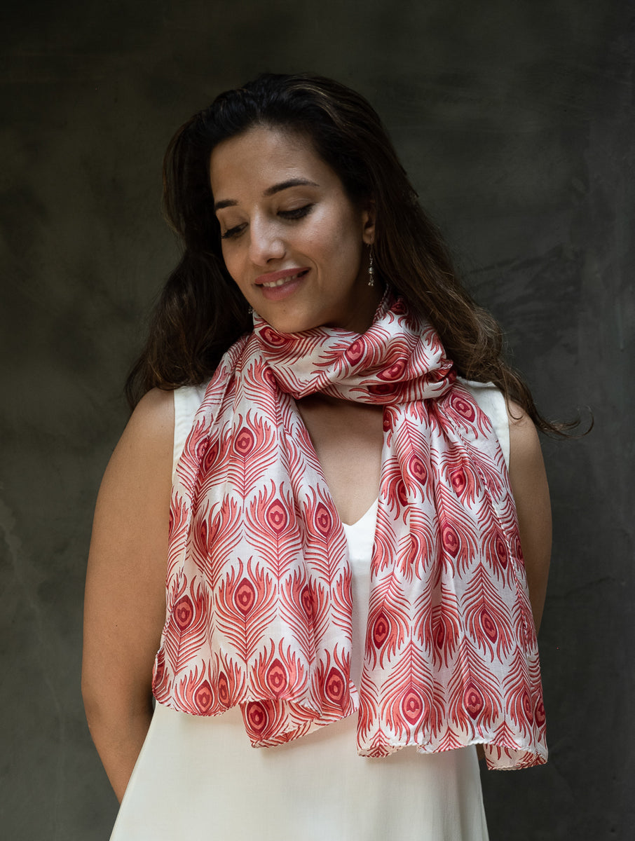 Buy Light & Elegant Silk Batik Stole - Red Feathers Online