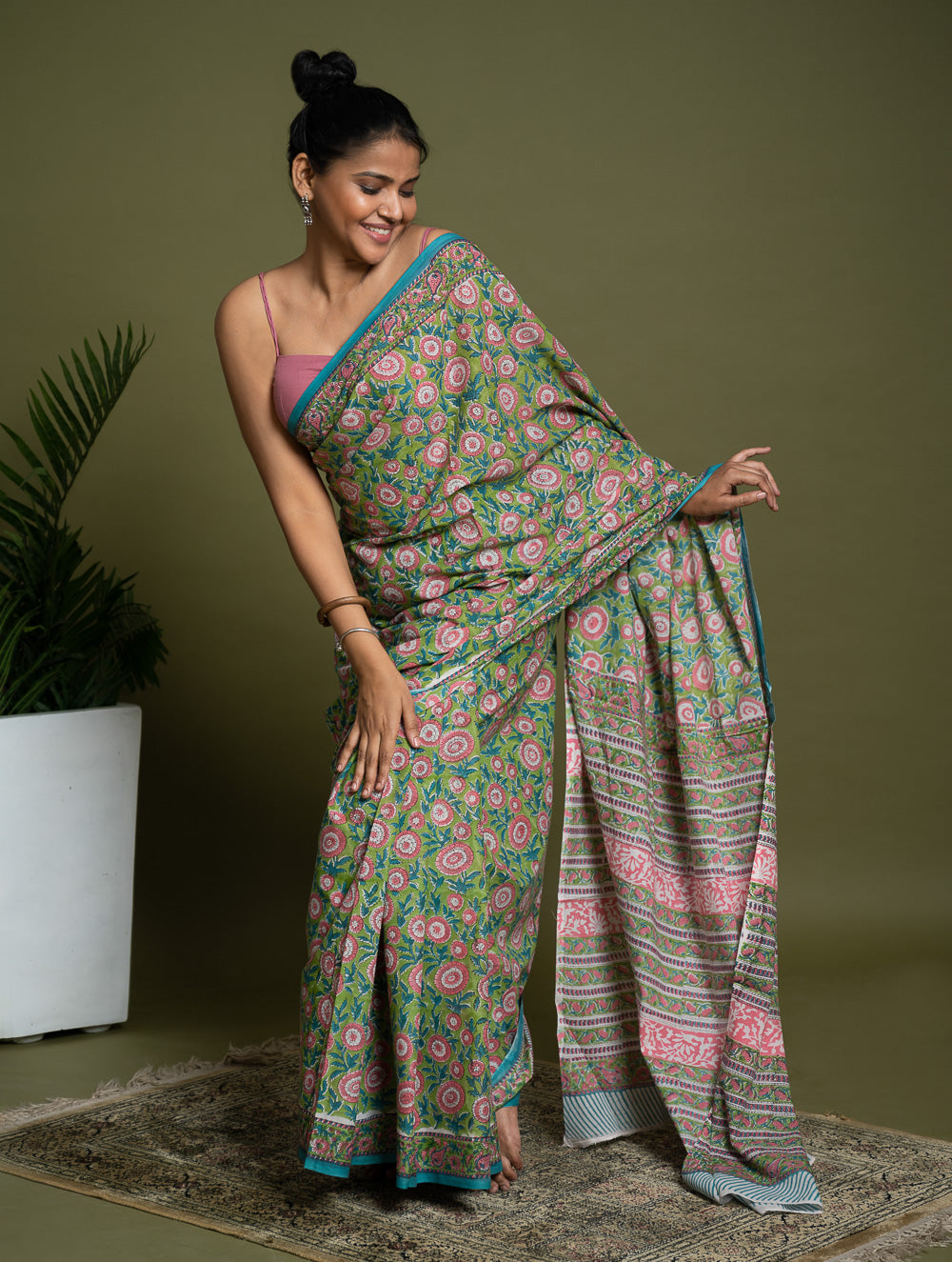Buy Sanganer Statements. Hand Block Printed Mul Cotton Saree - Green ...