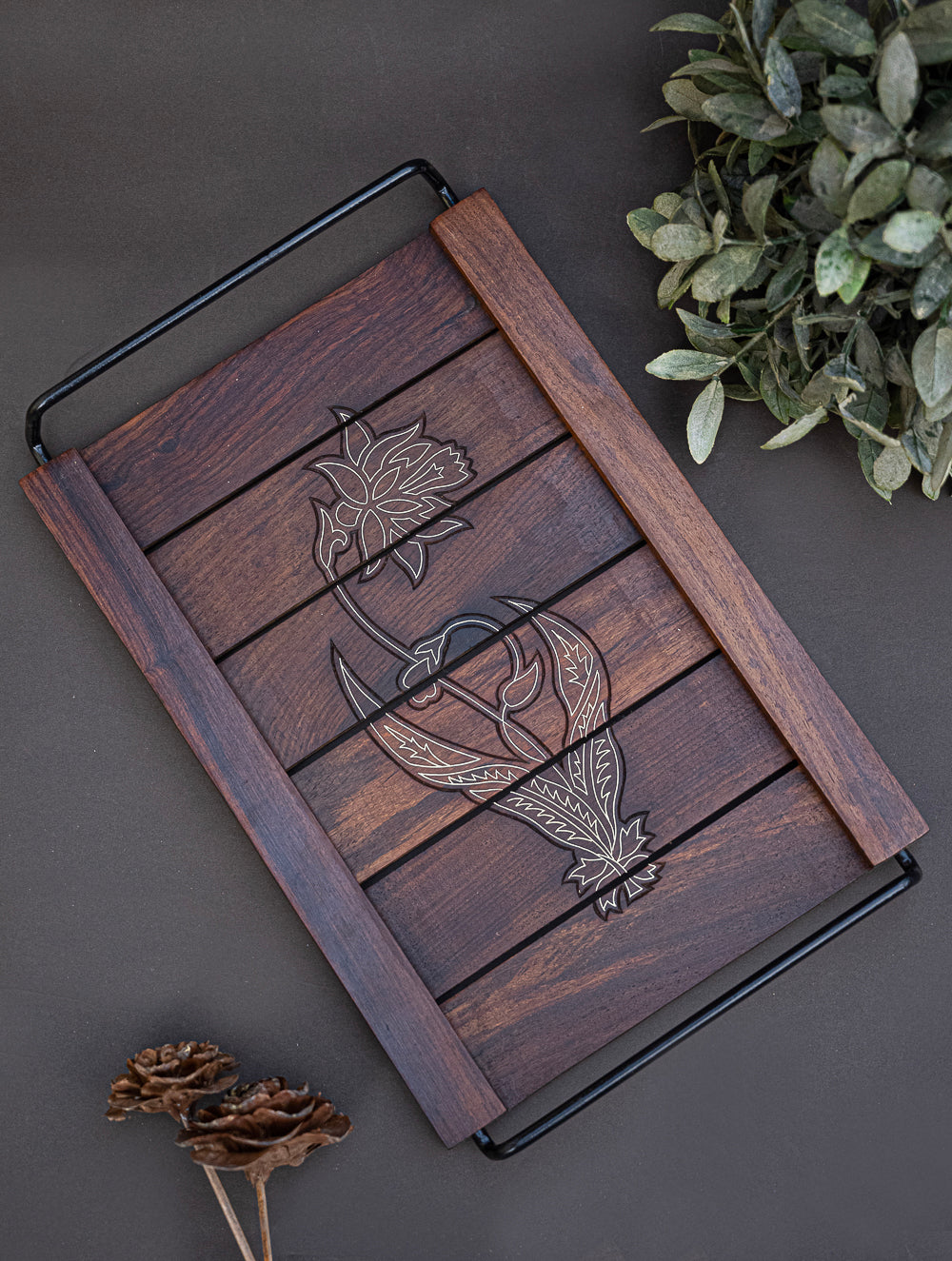 Buy Tarakashi Wooden Inlay Decorative Tray- Floral Online