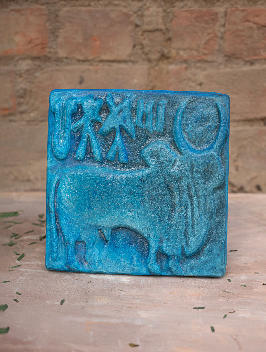 Buy Delhi Blue Art Pottery Wall Plaque - Mohenjo Daro (Bull) Online