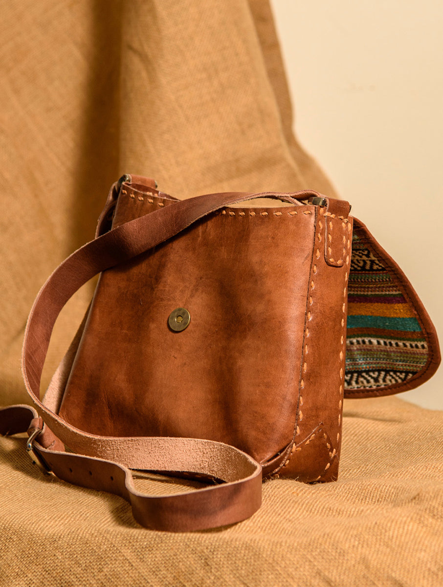 Buy Handcrafted Jawaja Leather Bag with Cloth Woven Patch Online