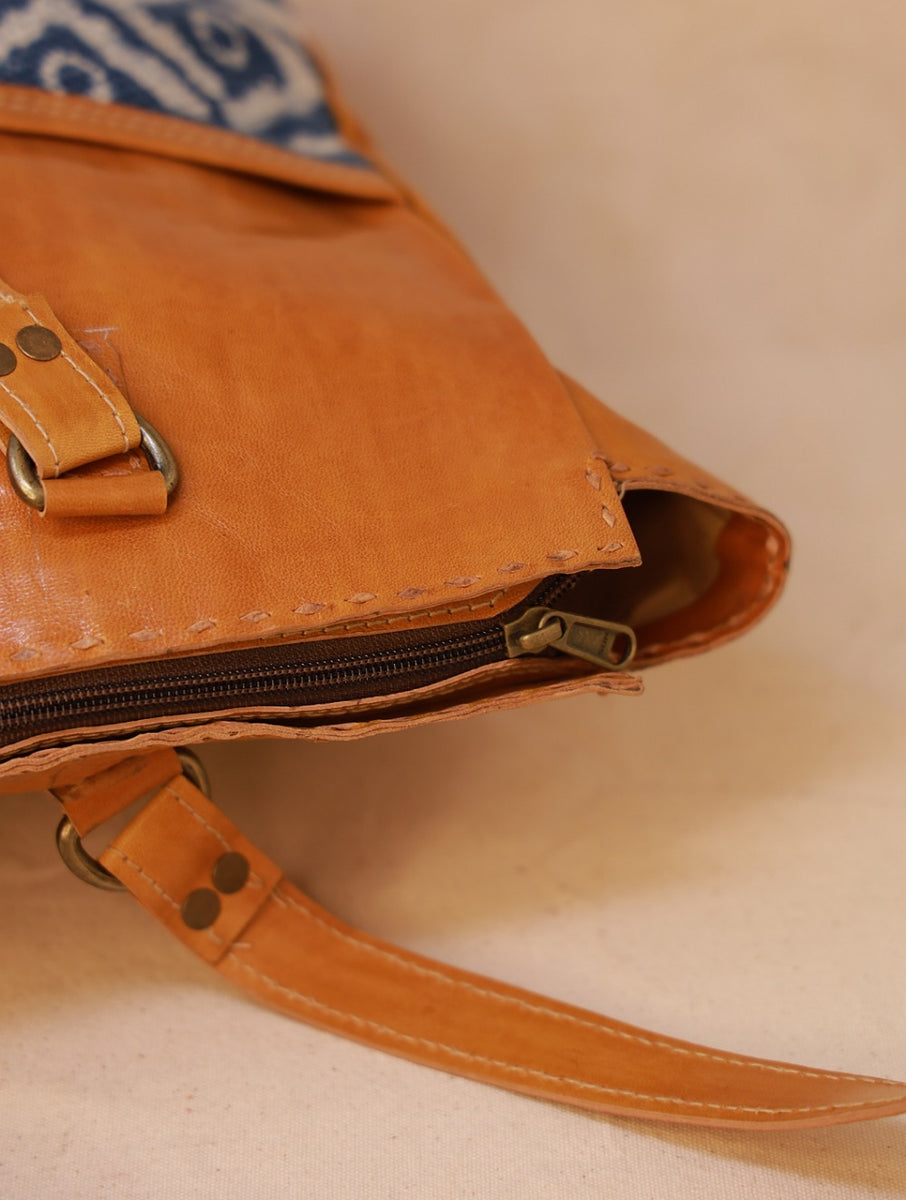 Buy Handcrafted Jawaja Leather Tote Bag with Rug Patch - Yellow Online