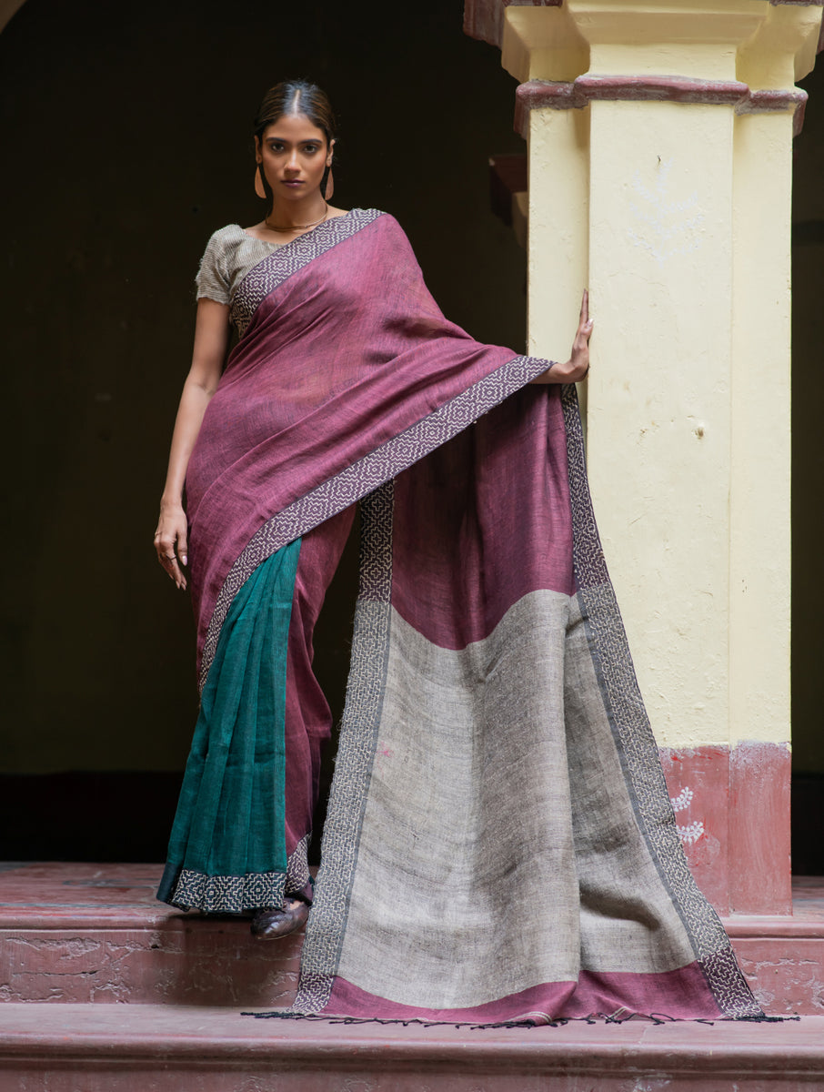 Buy Handwoven Elegance. Exclusive Linen Kantha Patli Saree - Earth ...