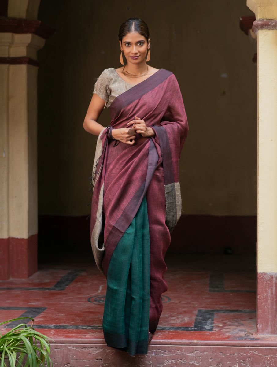 Buy Handwoven Elegance. Exclusive Linen Patli Saree - Ocean Tones Online