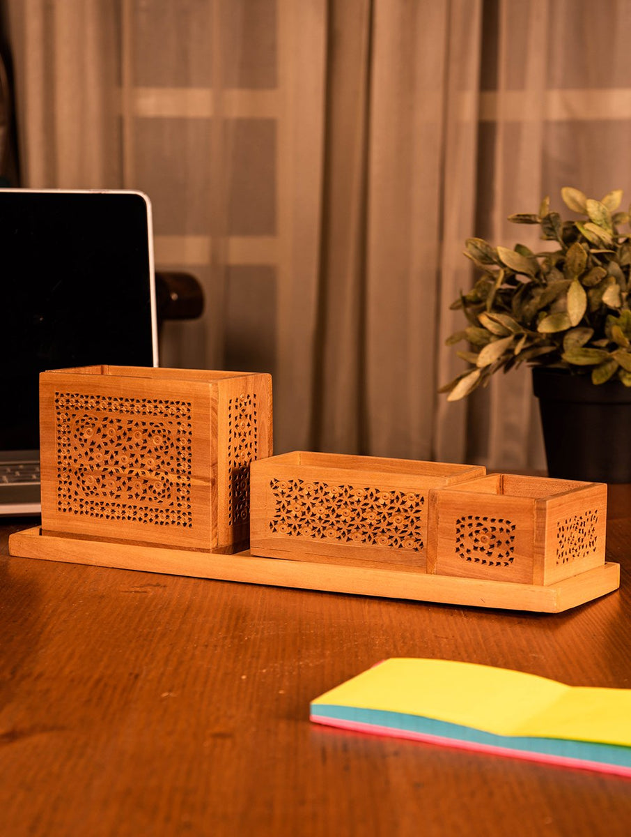 Buy Wooden Jaali Desk Set - Pen Stand Square, Tray & Card Holder & Pin ...